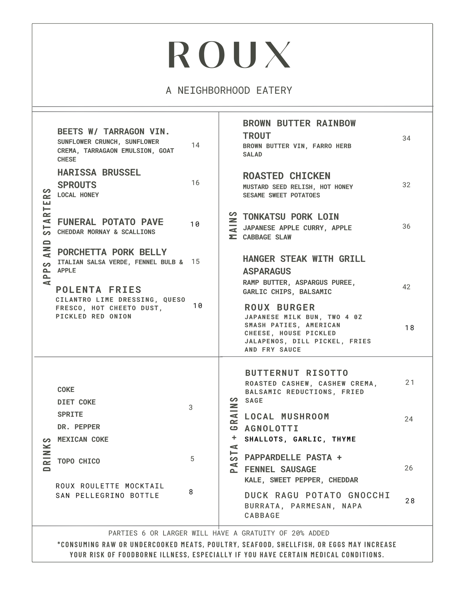 DINNER MENU — Roux, slc