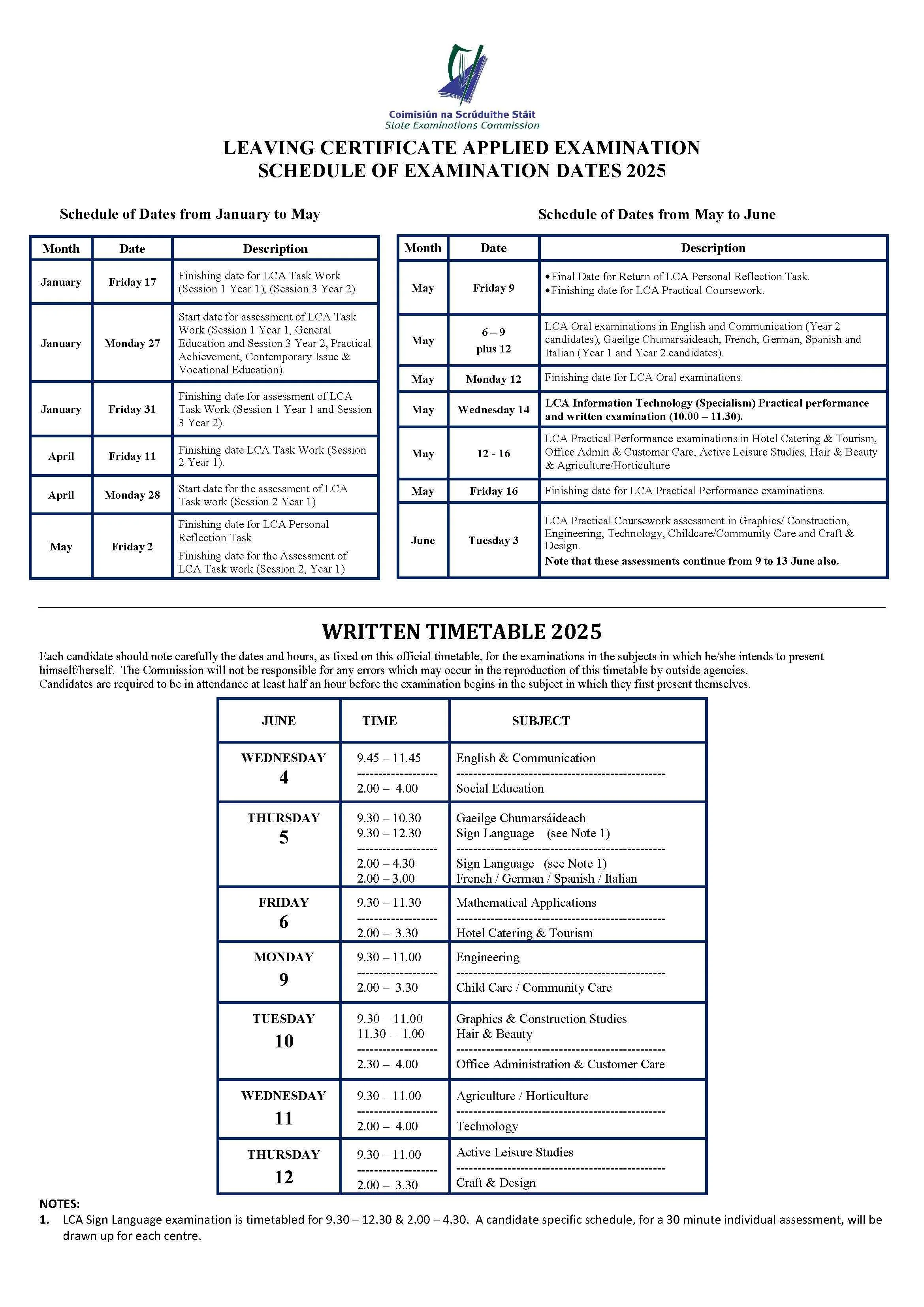 Leaving Cert, LCA & Junior Cycle Timetables — Adamstown Community College