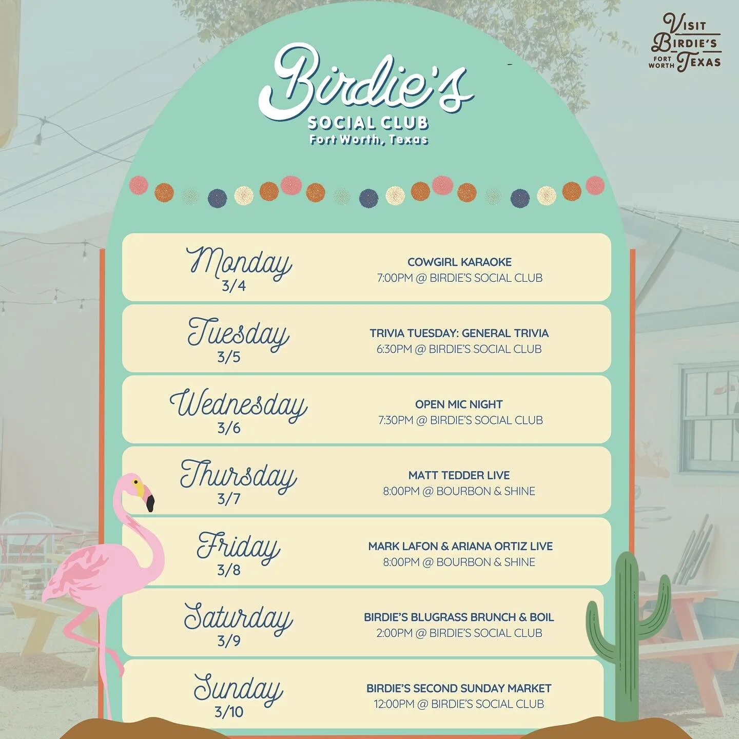 Music & Events Calendar — Birdies Social Club - Fort Worth, Texas
