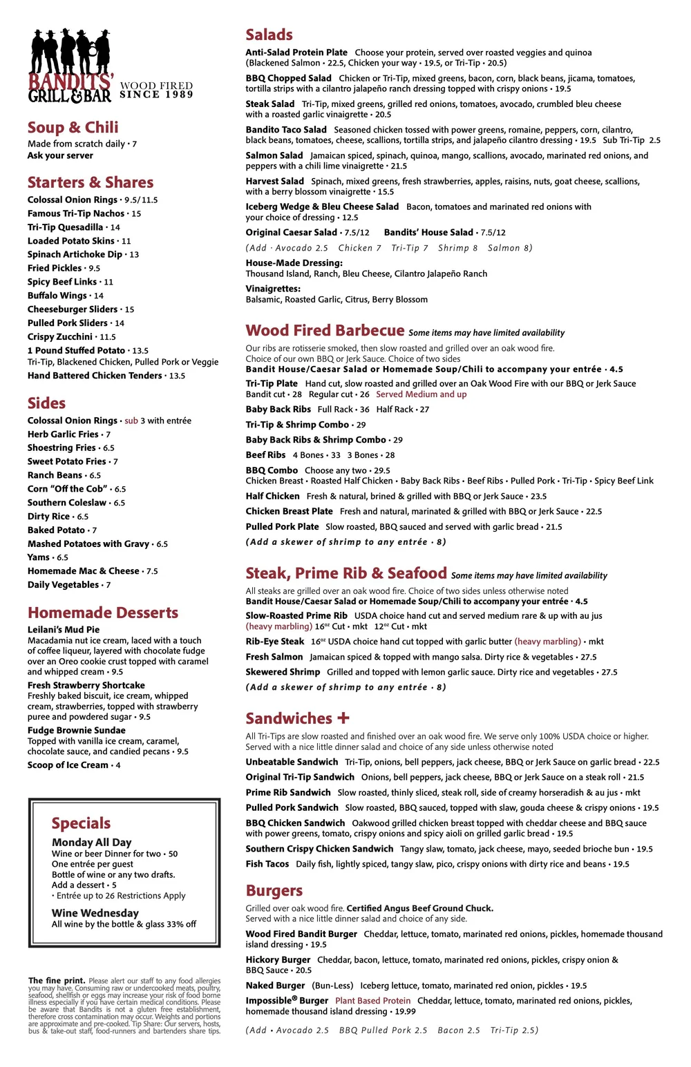 Menu — Bandits' Grill & Bar