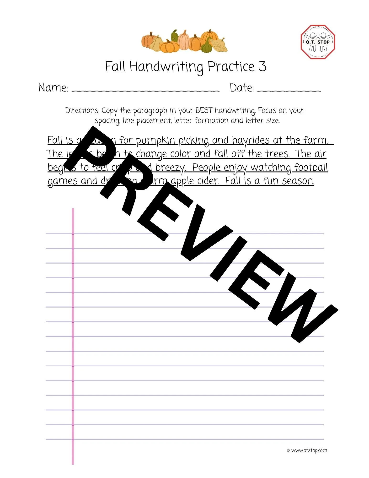 Fall Handwriting Practice — O.T. Stop