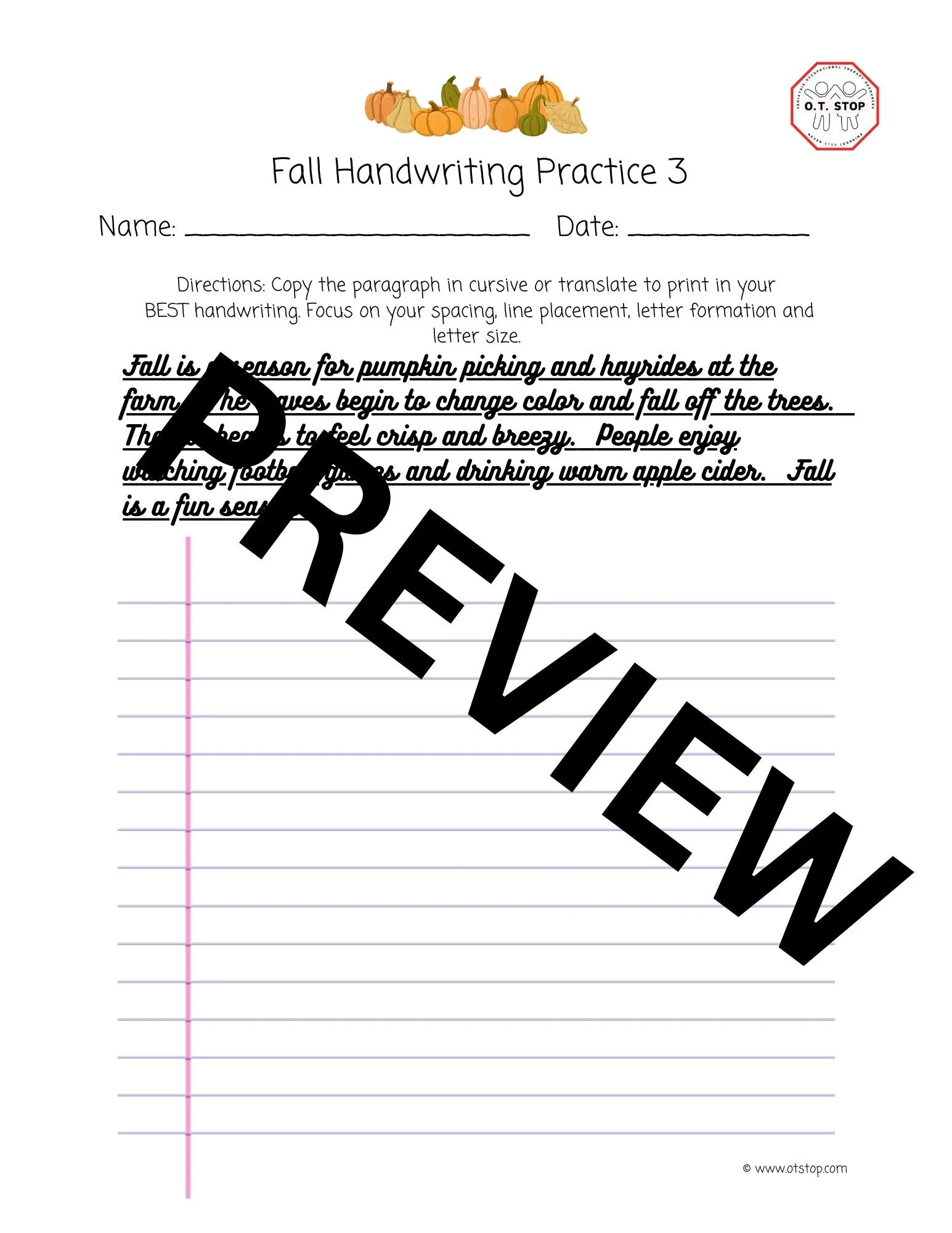 Fall Handwriting Practice — O.T. Stop