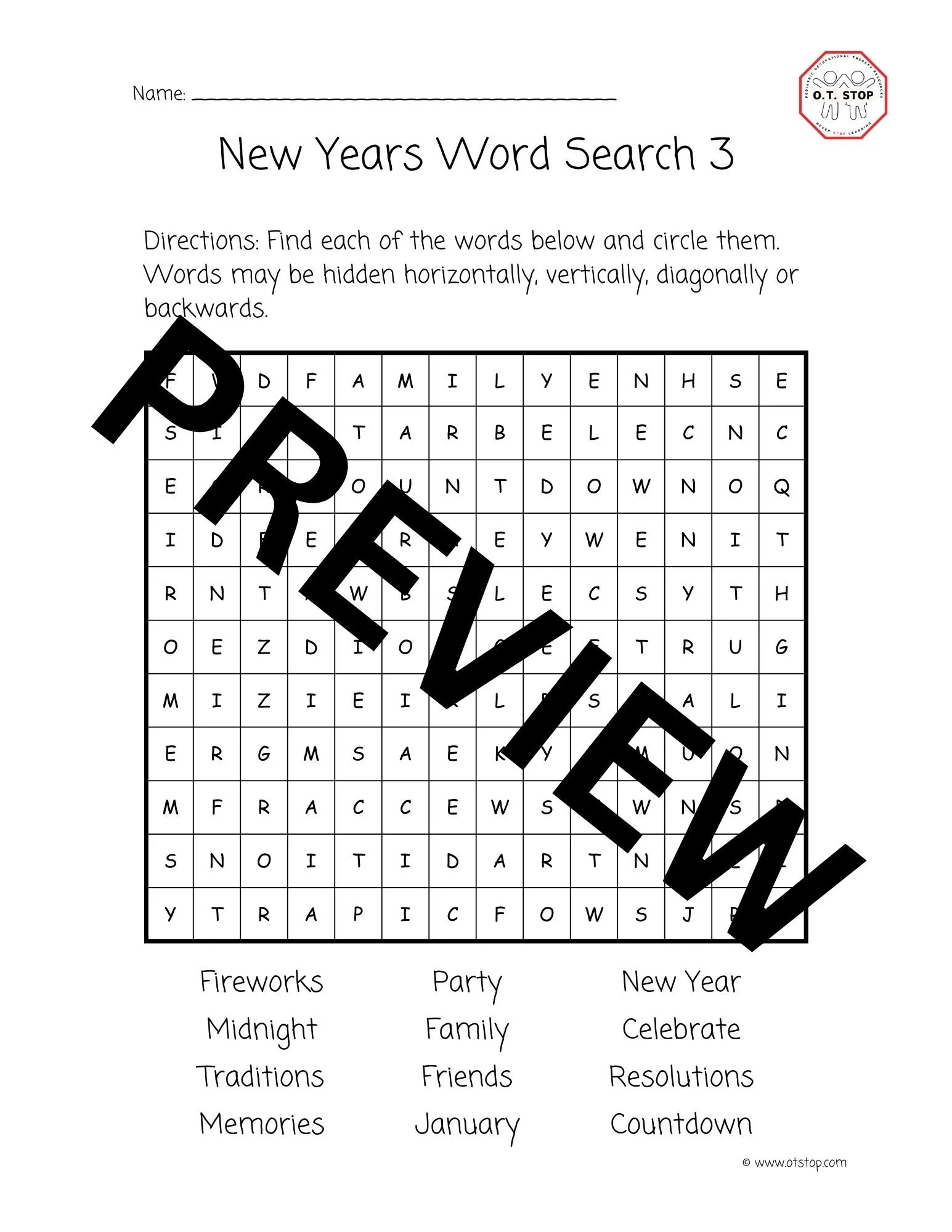 New Years Word Search — O.T. Stop