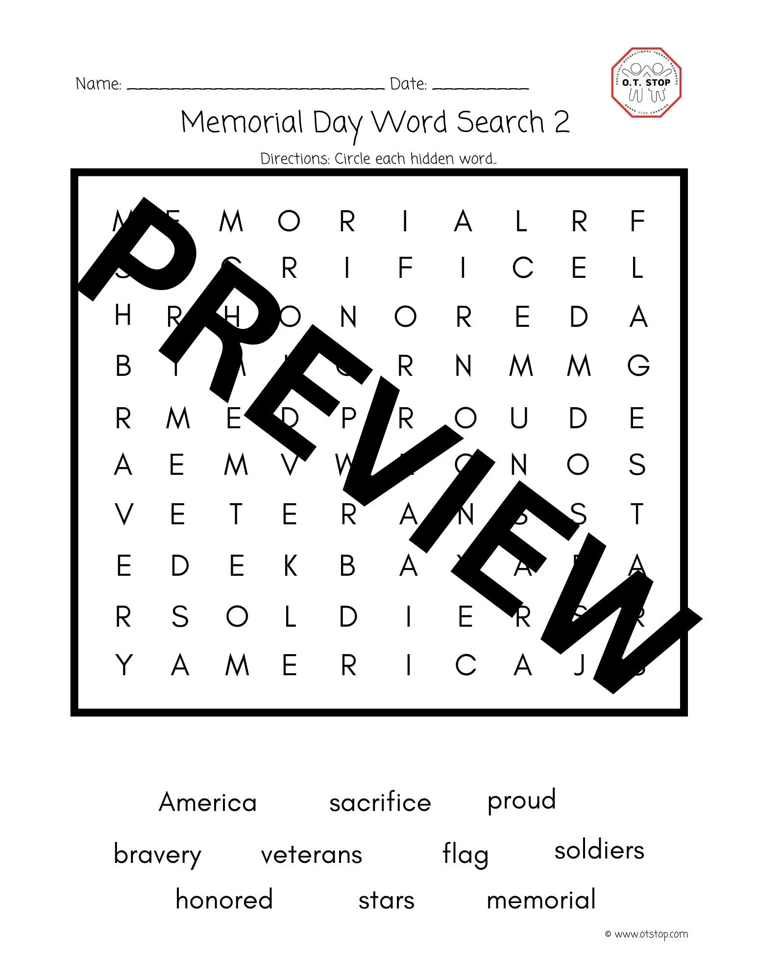 Memorial Day Word Search — O.T. Stop