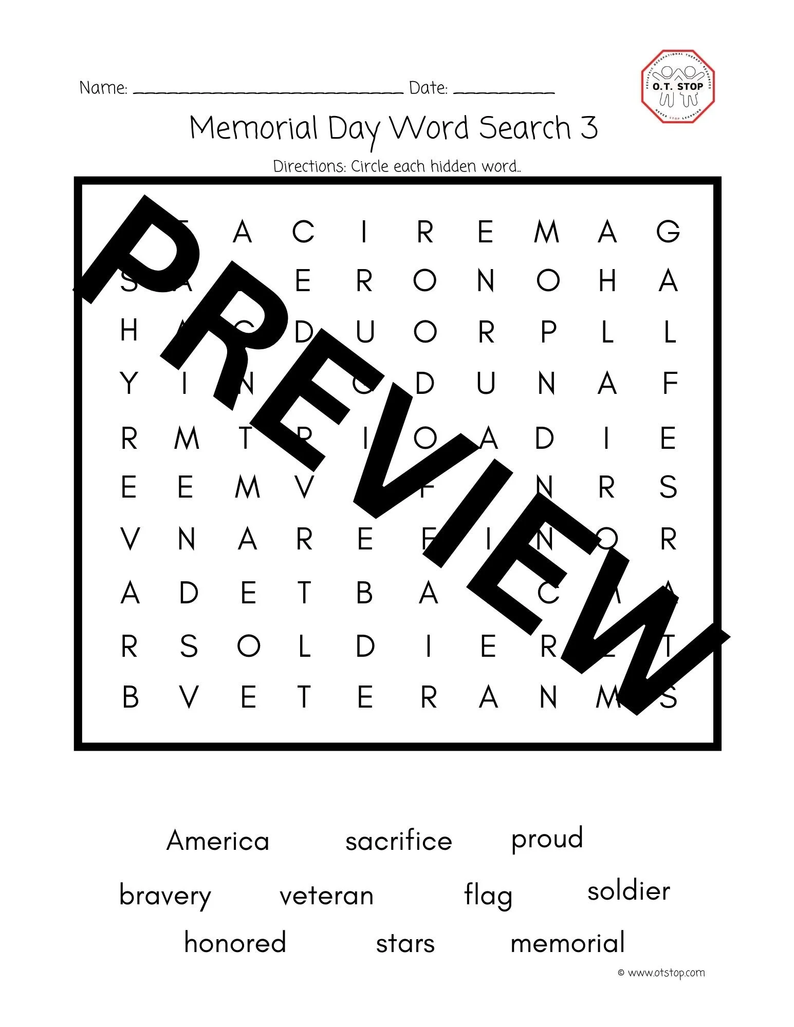 Memorial Day Word Search — O.T. Stop