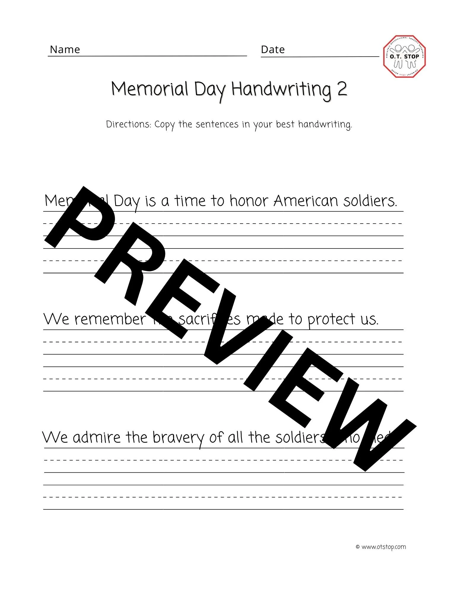 Memorial Day Handwriting — O.T. Stop