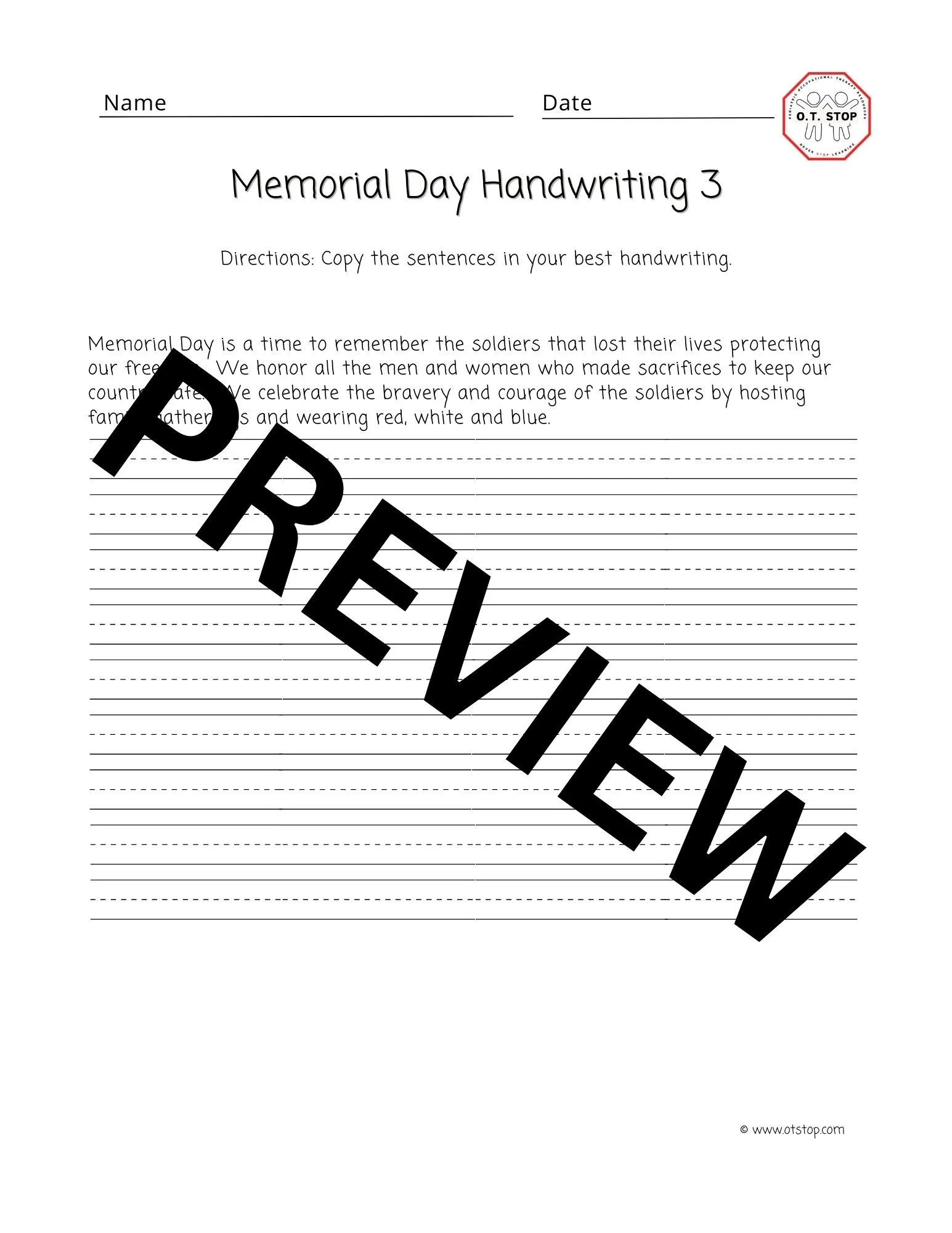 Memorial Day Handwriting — O.T. Stop