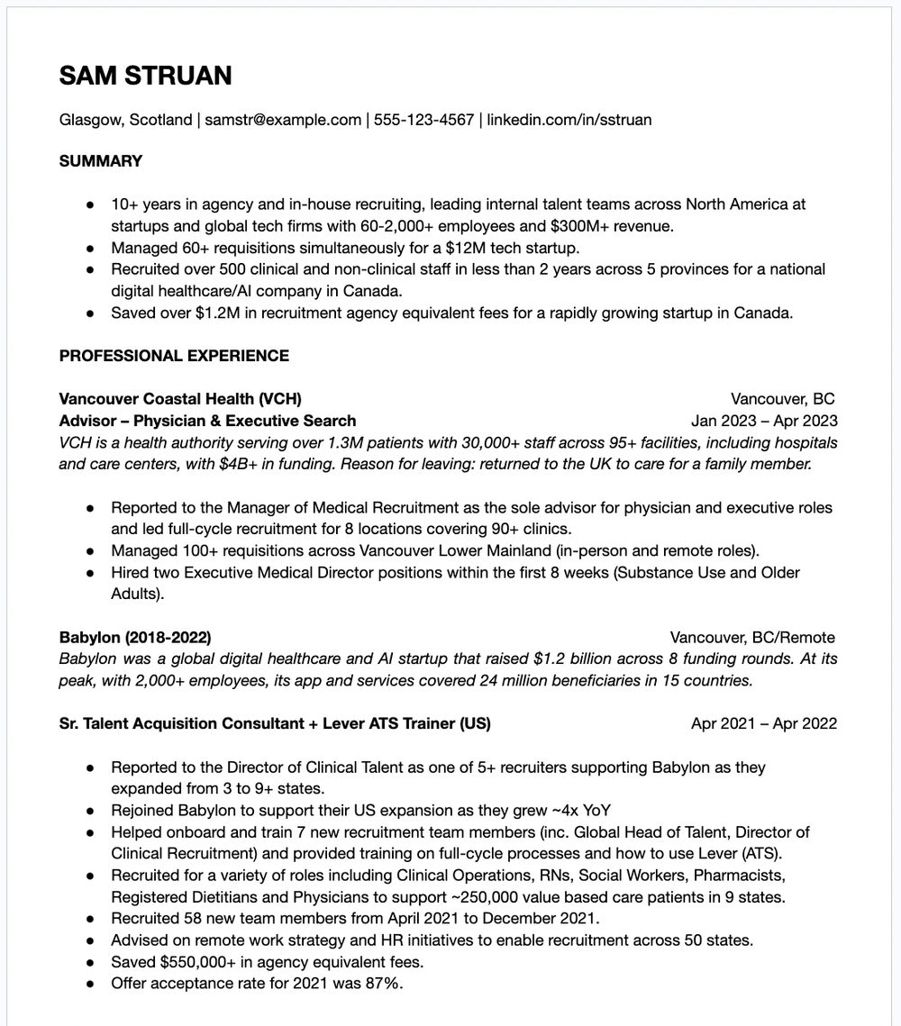 FREE Résumé Template — SAM STRUAN