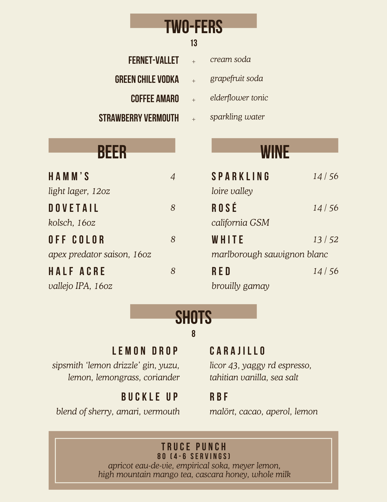 Menu 1 — TRUCE Coffee + Cocktails