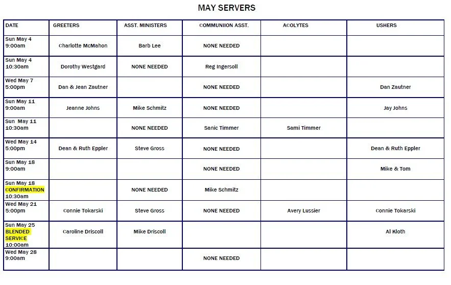 Worship Server Schedules — Dr. Martin Luther Church