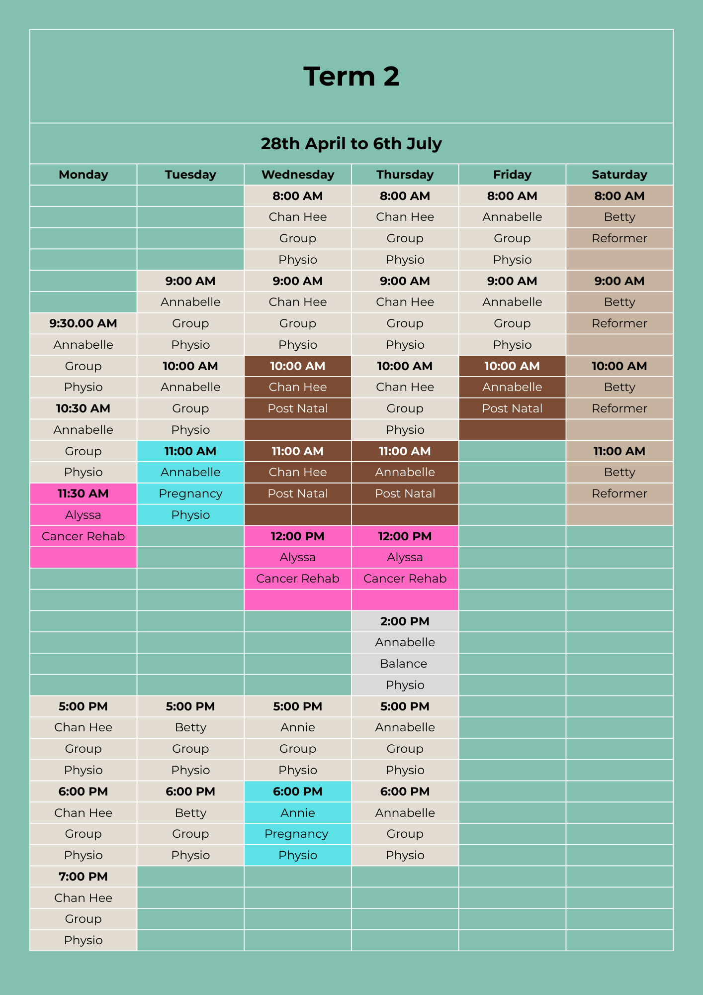 Class Timetable — West Ryde Physio