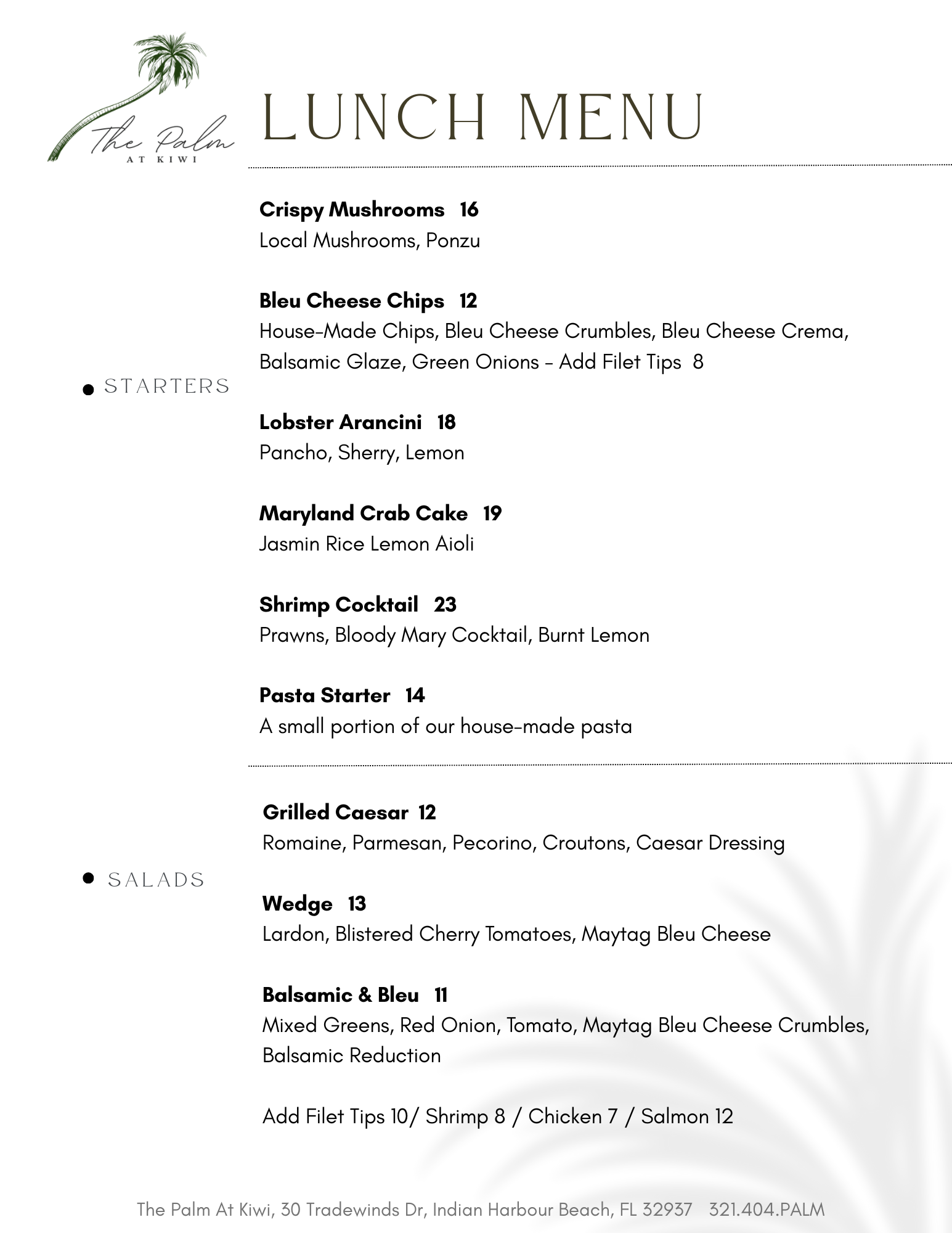 Palm Menu — Kiwi Racquet and Fitness Club