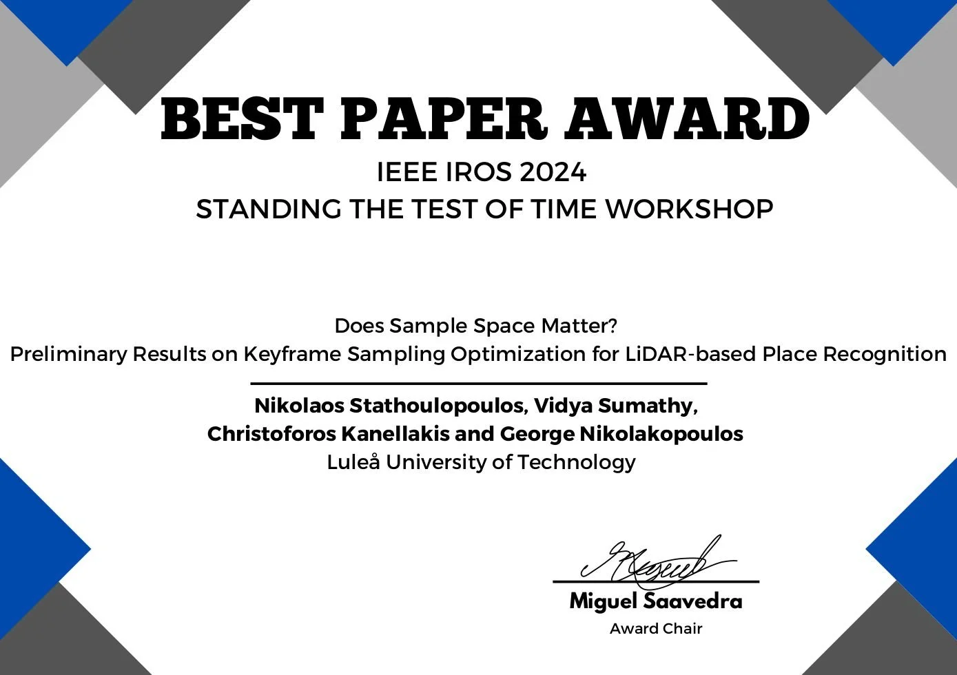 Best Paper Award at IROS 2024 Standing the Test of Time Workshop ...