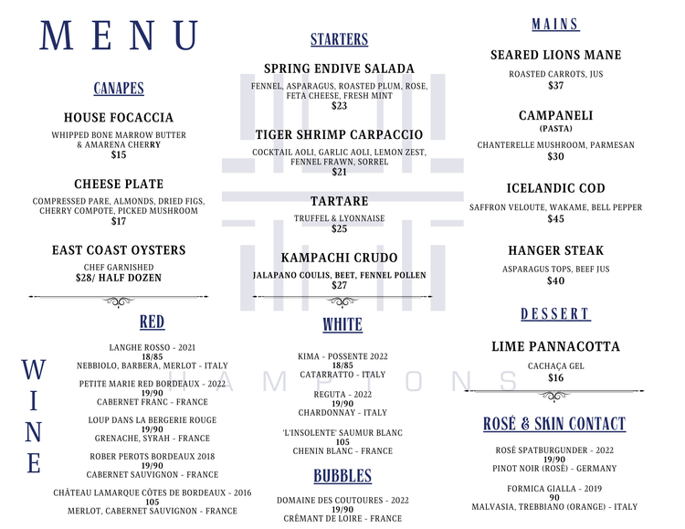Menus — Hamptons restaurant