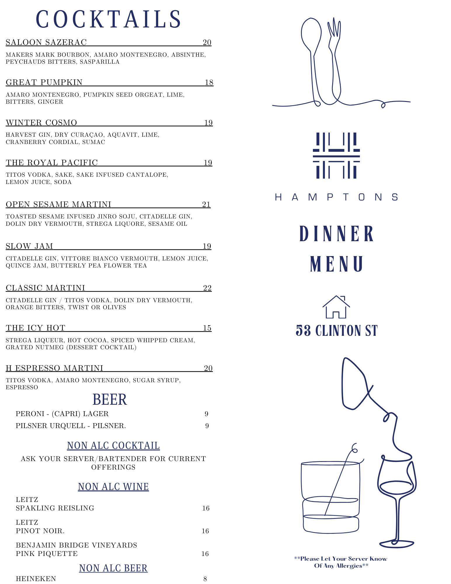 Menus — Hamptons restaurant
