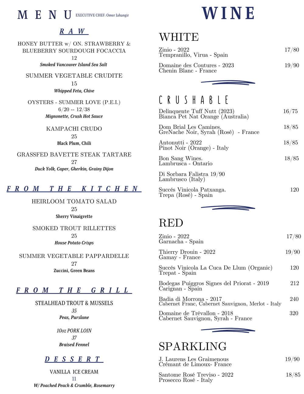 Menus — Hamptons restaurant