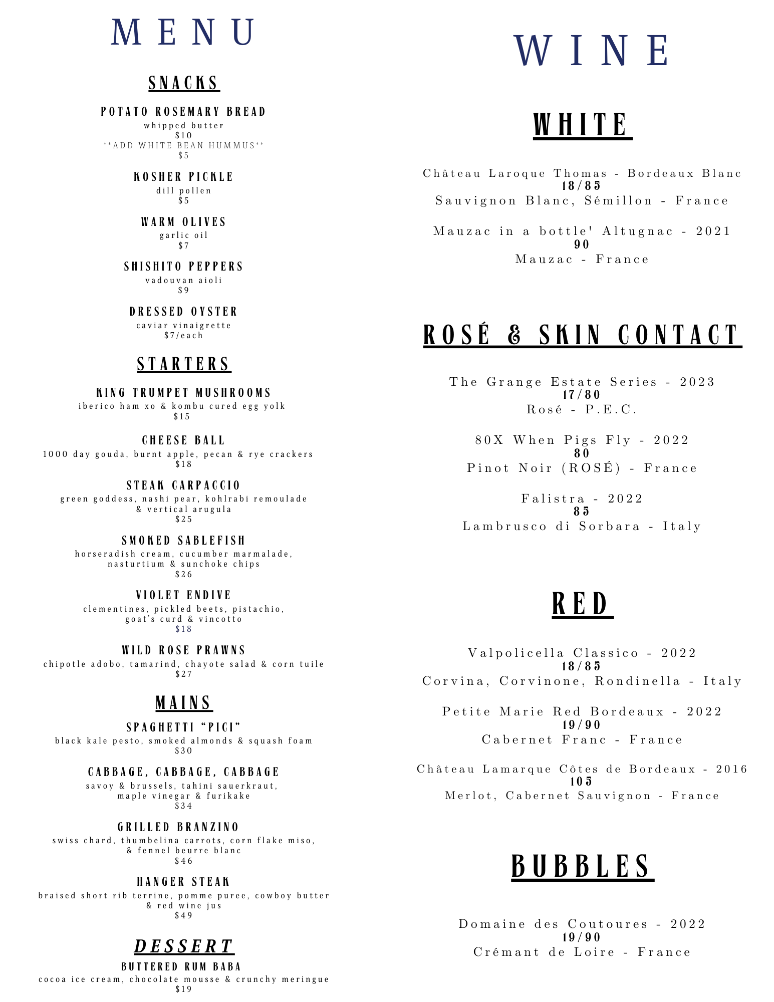 Menus — Hamptons restaurant