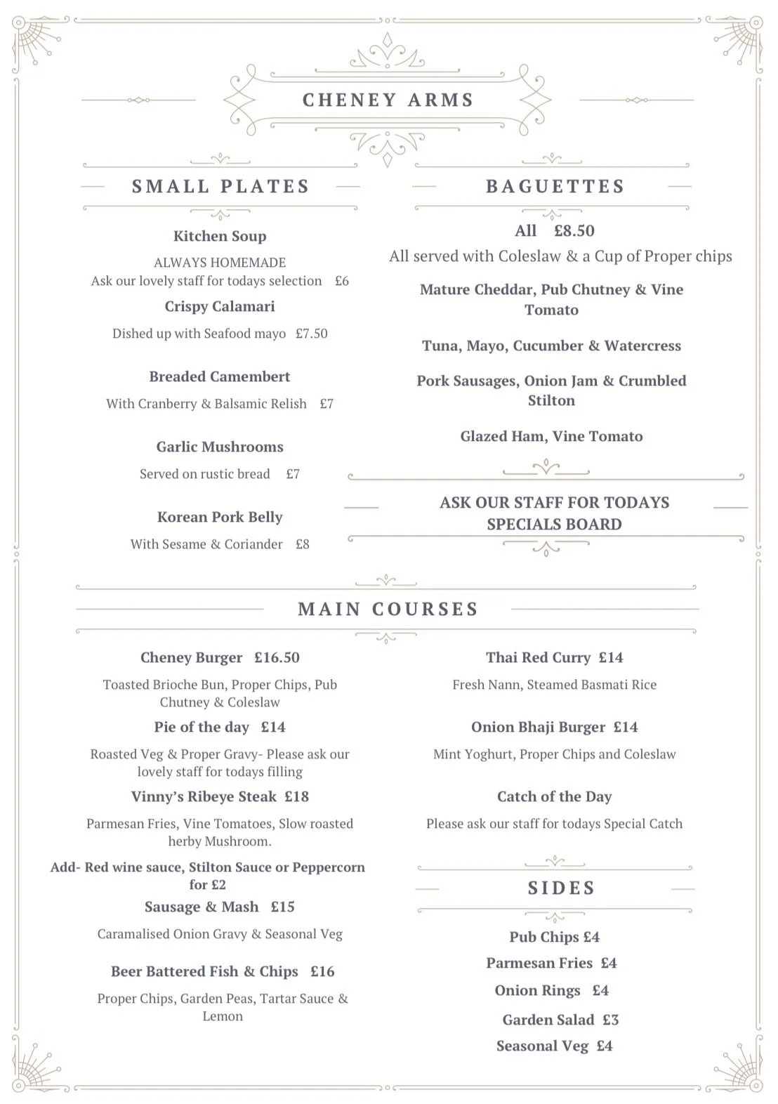 Menus — The Cheney Arms- Gaddesby