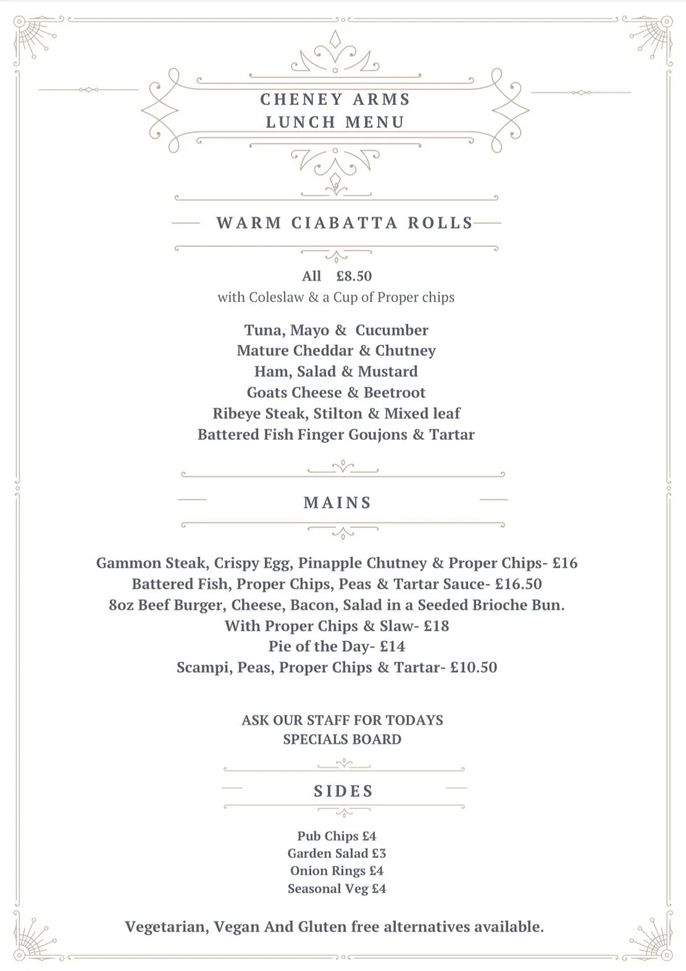 Menus — The Cheney Arms- Gaddesby