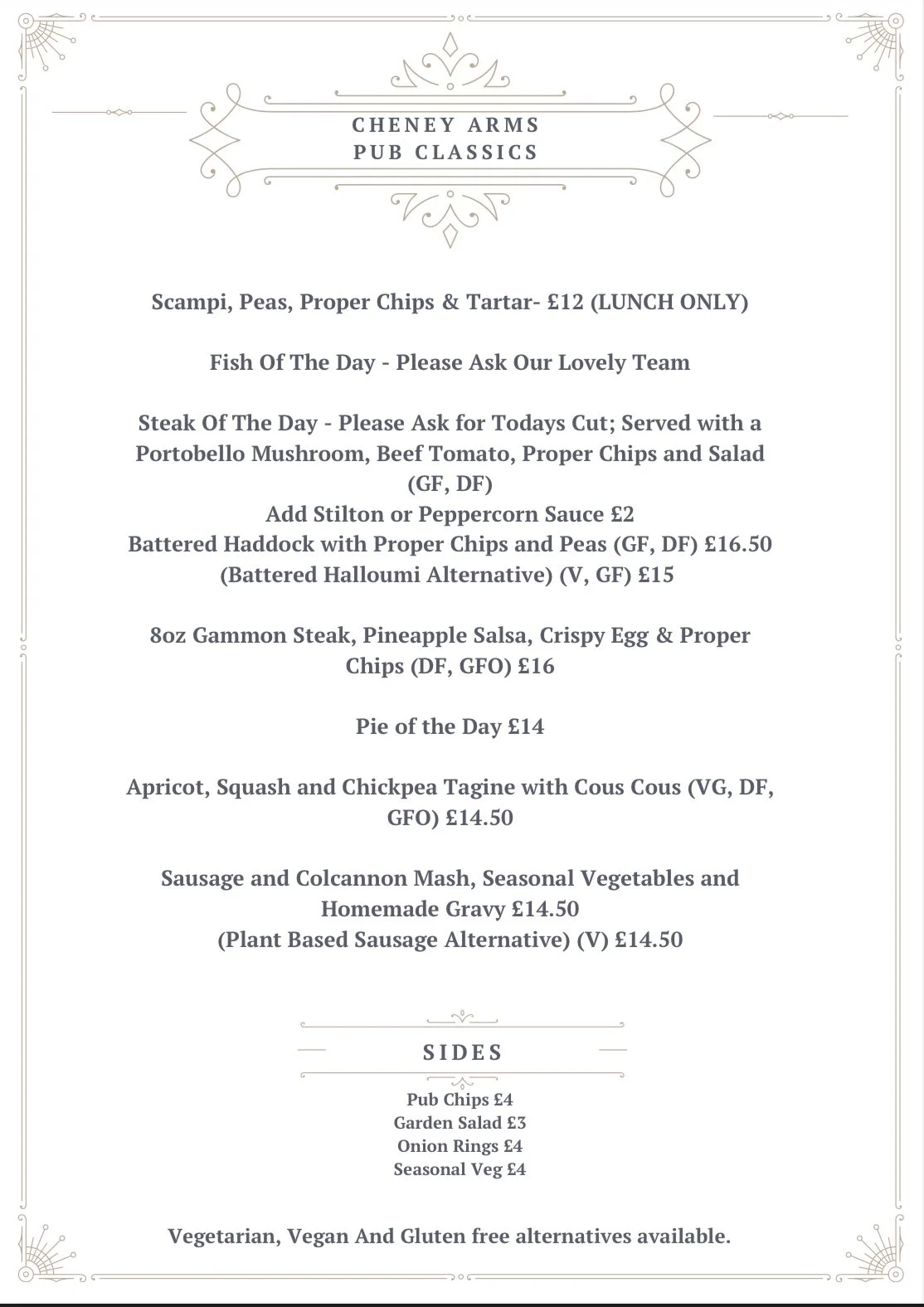 Menus — The Cheney Arms- Gaddesby