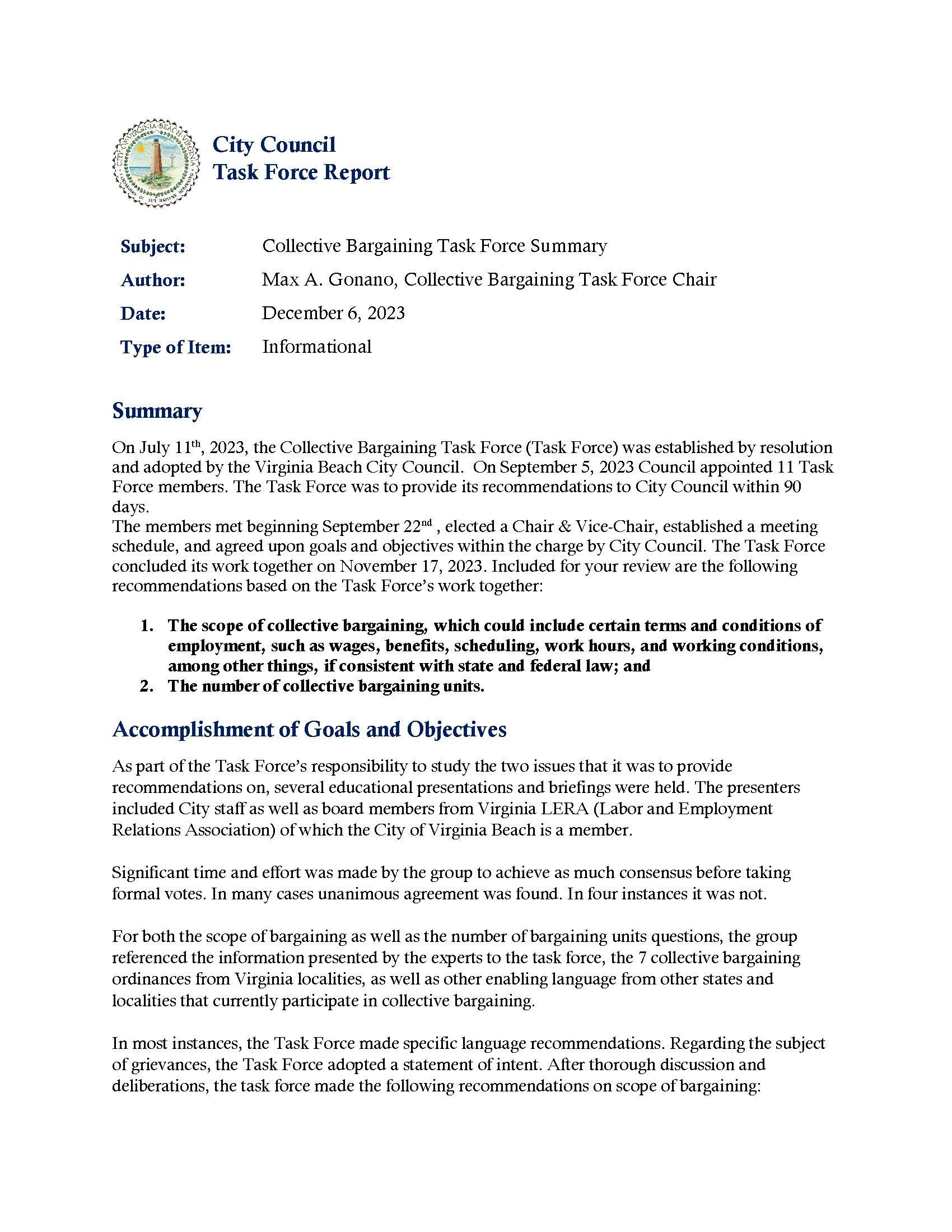Task Force — Virginia Beach City Employee Collective Bargaining