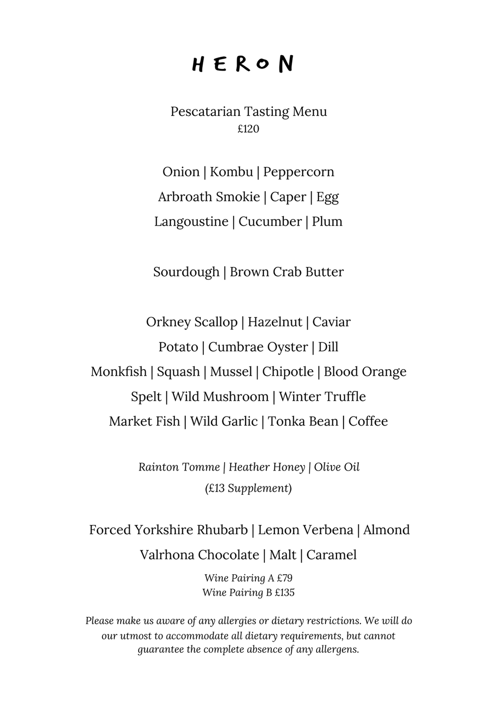 Pescatarian Menu — Heron