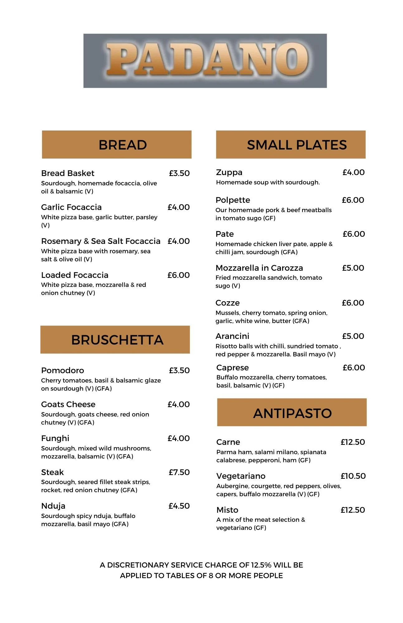 Menus — Padano Italian Restaurant Rutherglen