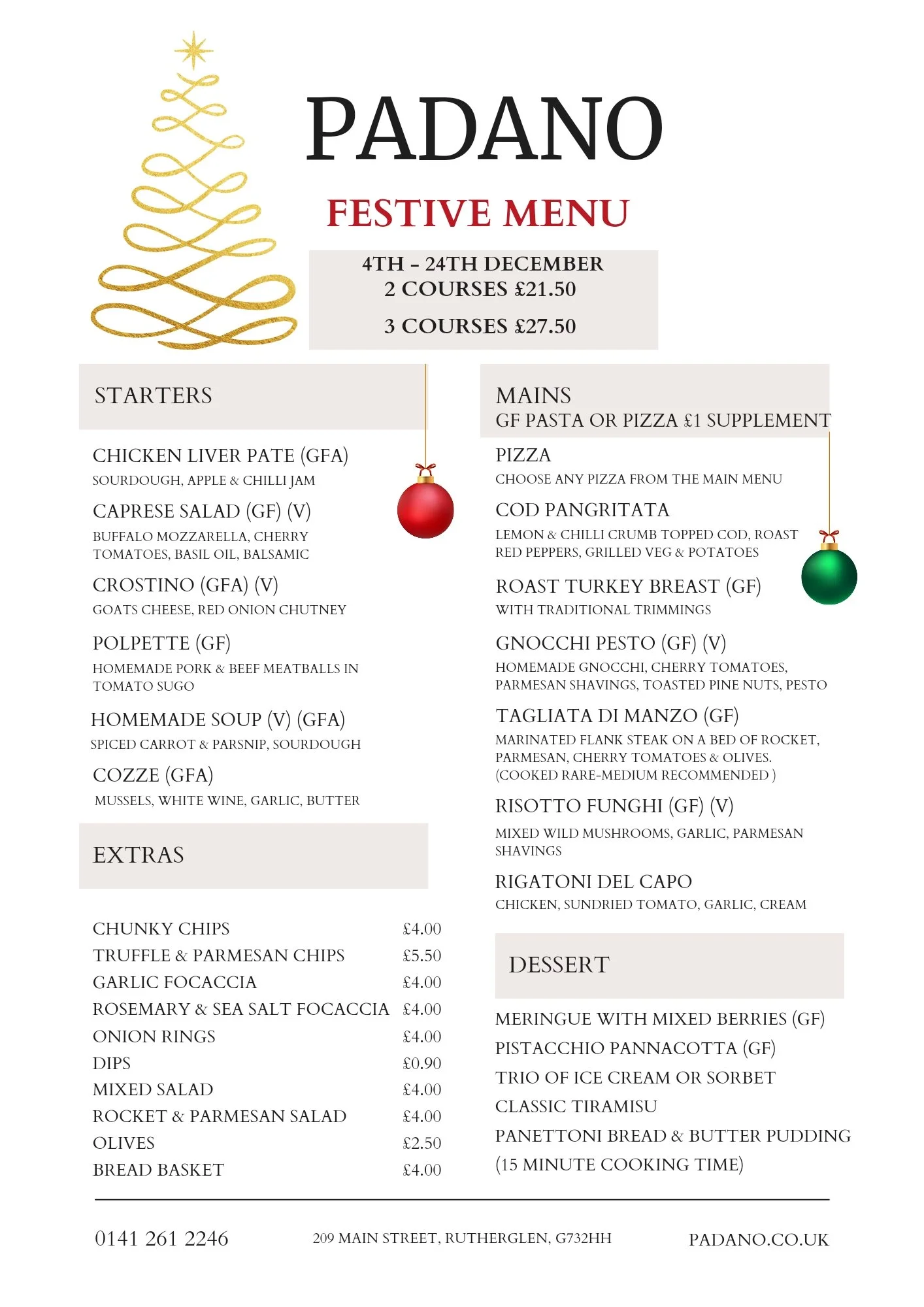 Menus — Padano Italian Restaurant Rutherglen
