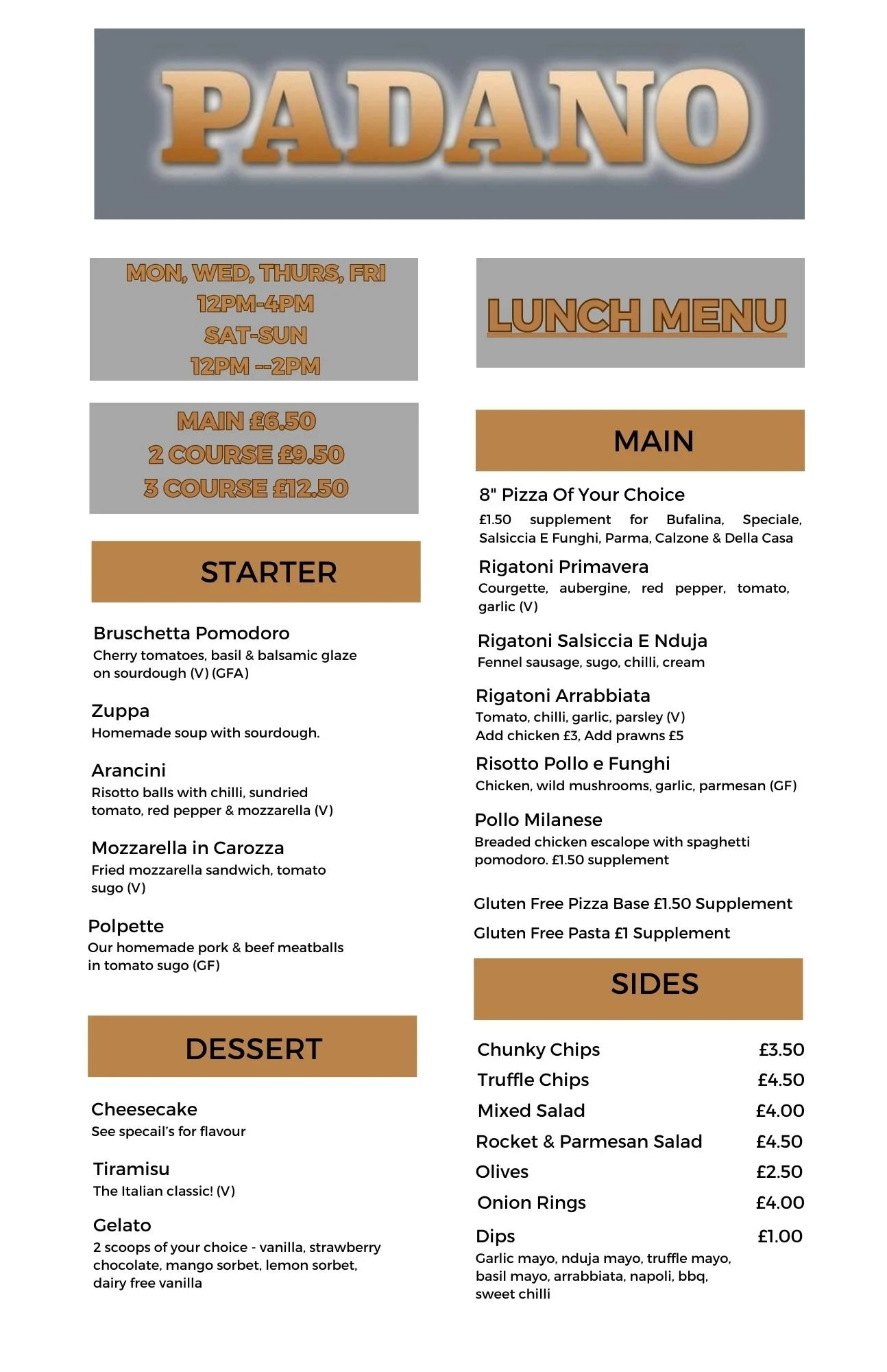Menus — Padano Italian Restaurant Rutherglen
