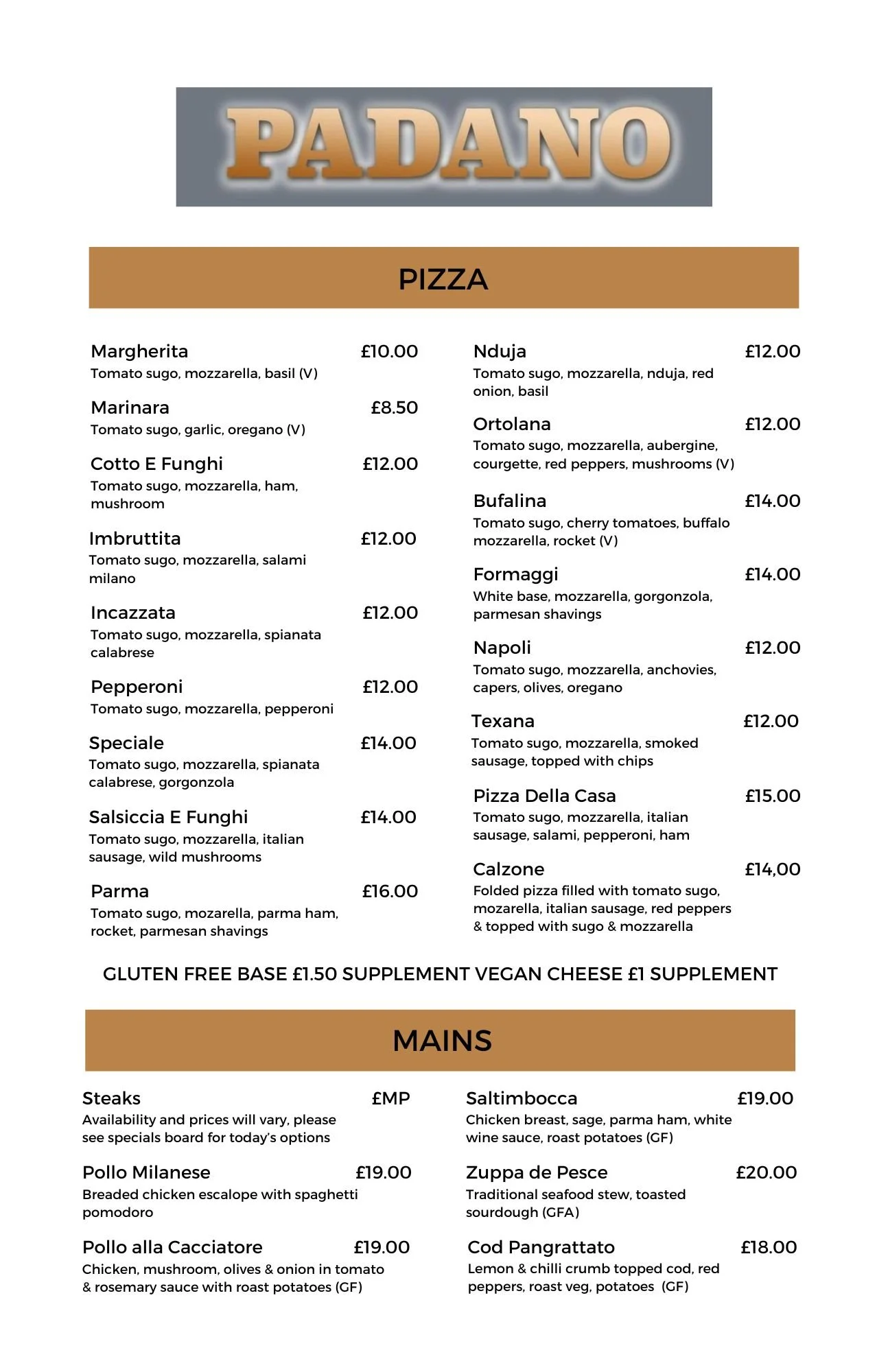 Menus — Padano Italian Restaurant Rutherglen