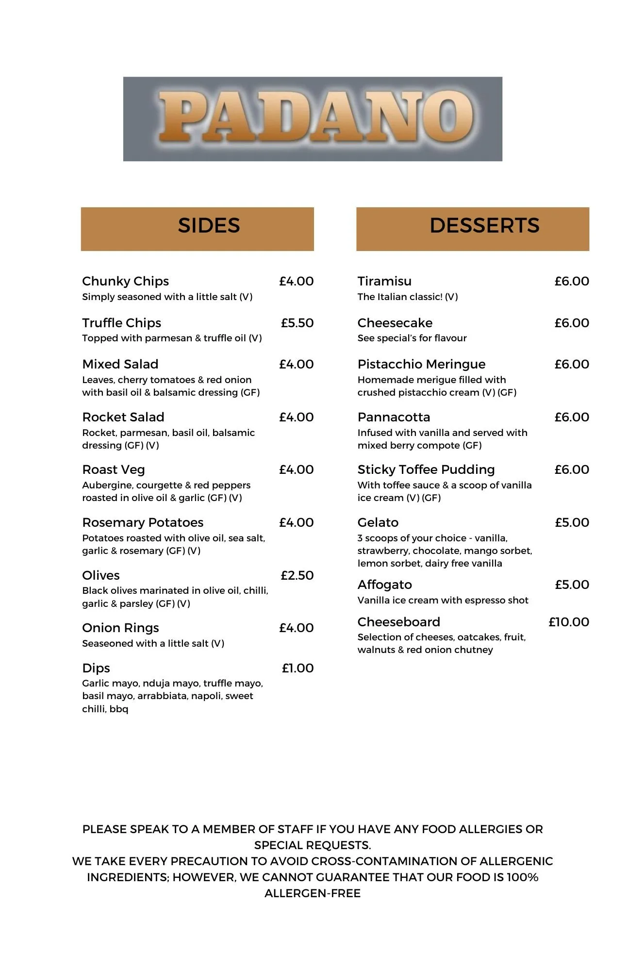 Menus — Padano Italian Restaurant Rutherglen