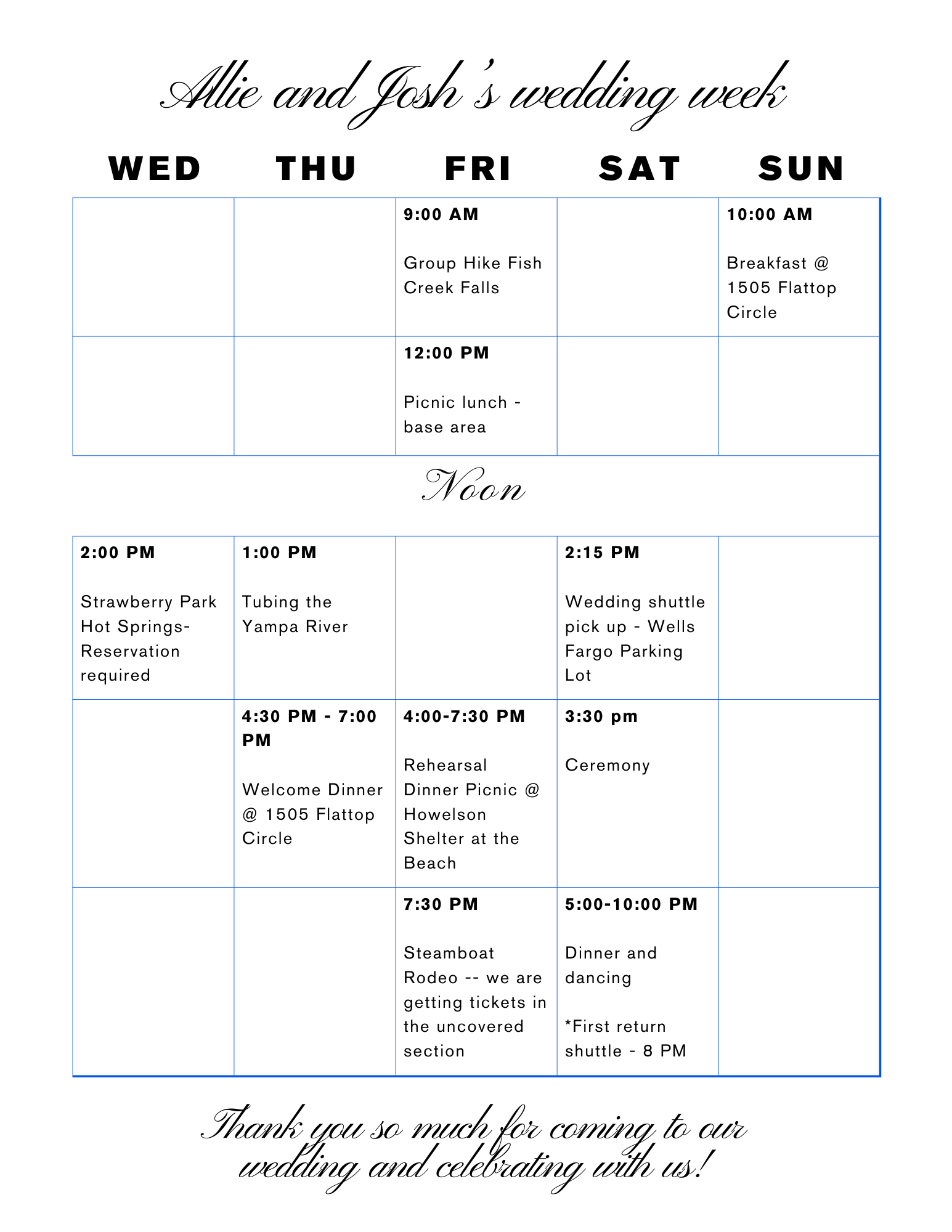 Wedding Week Schedule — Josh and Allie's Wedding
