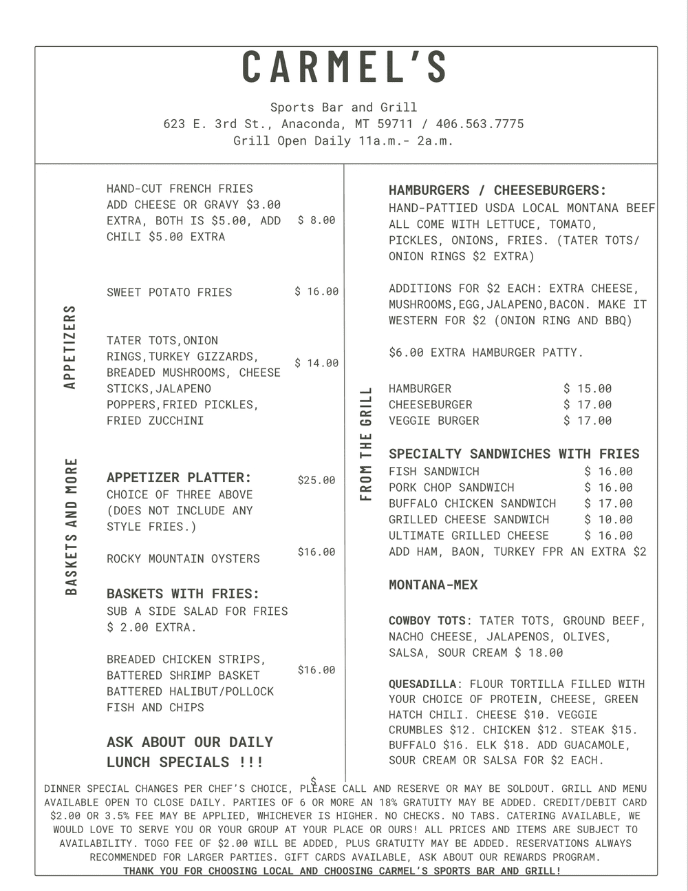 Menu — Carmels Sports Bar & Grill