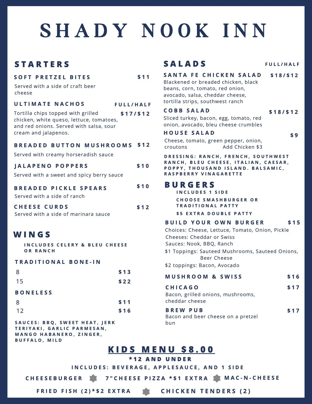Menu | Explore Our Tasty Selection — Shady Nook Inn