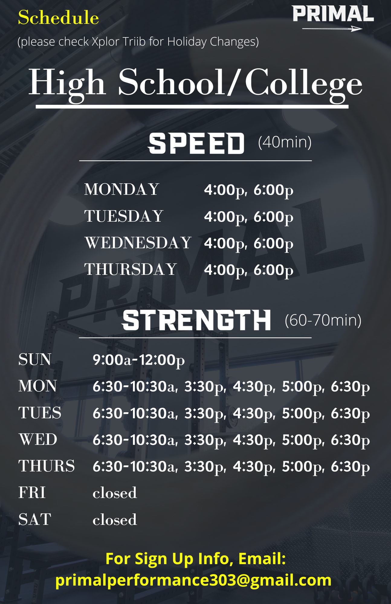 Schedule — Primal Performance