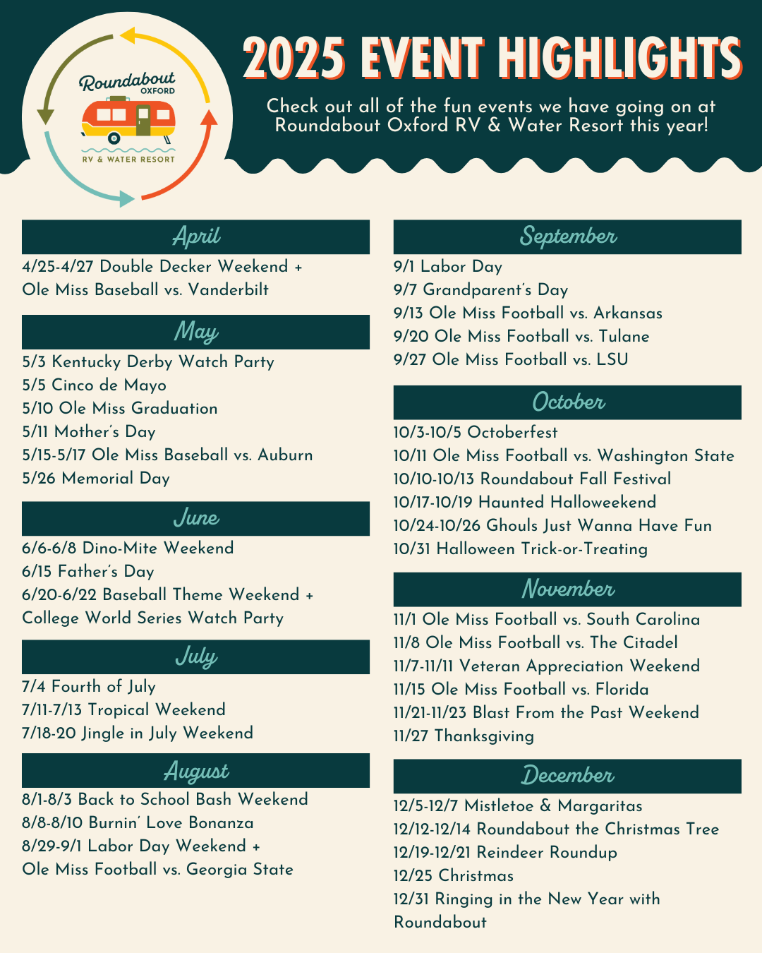 Event Calendar — Roundabout Oxford RV & Water Resort