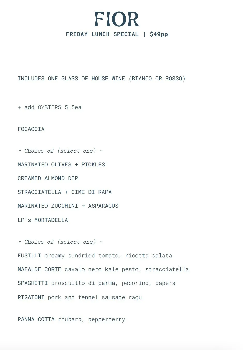 FIOR Menu & Set Menus — Fior Restaurant