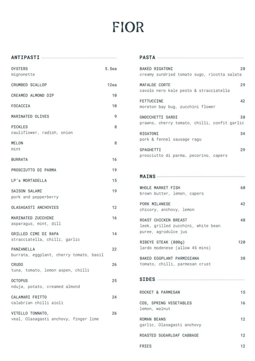 A La Carte Menu | FIOR Restaurant Gymea — Fior Restaurant