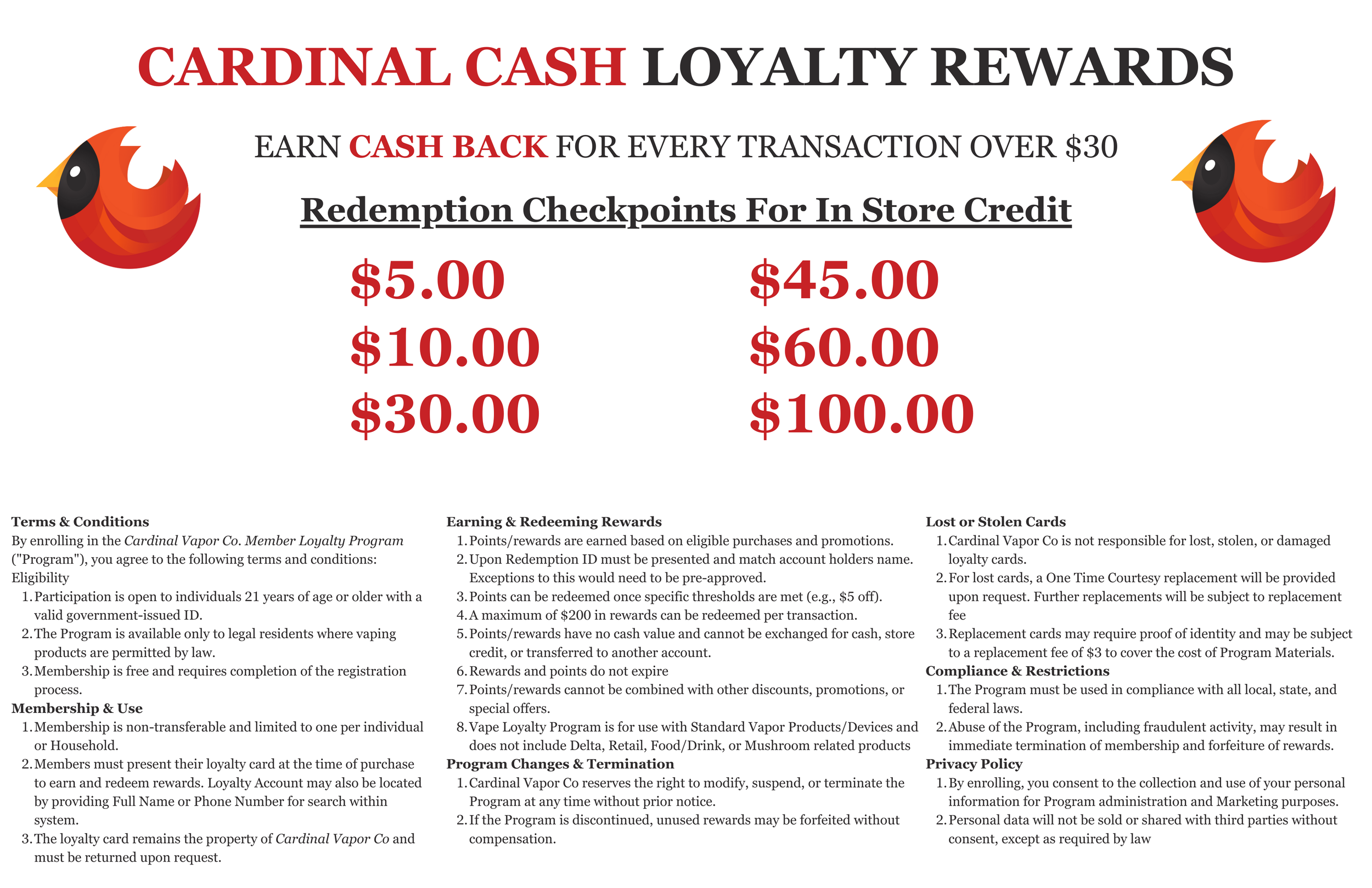 Cardinal Cash Members — Cardinal Vapor Co