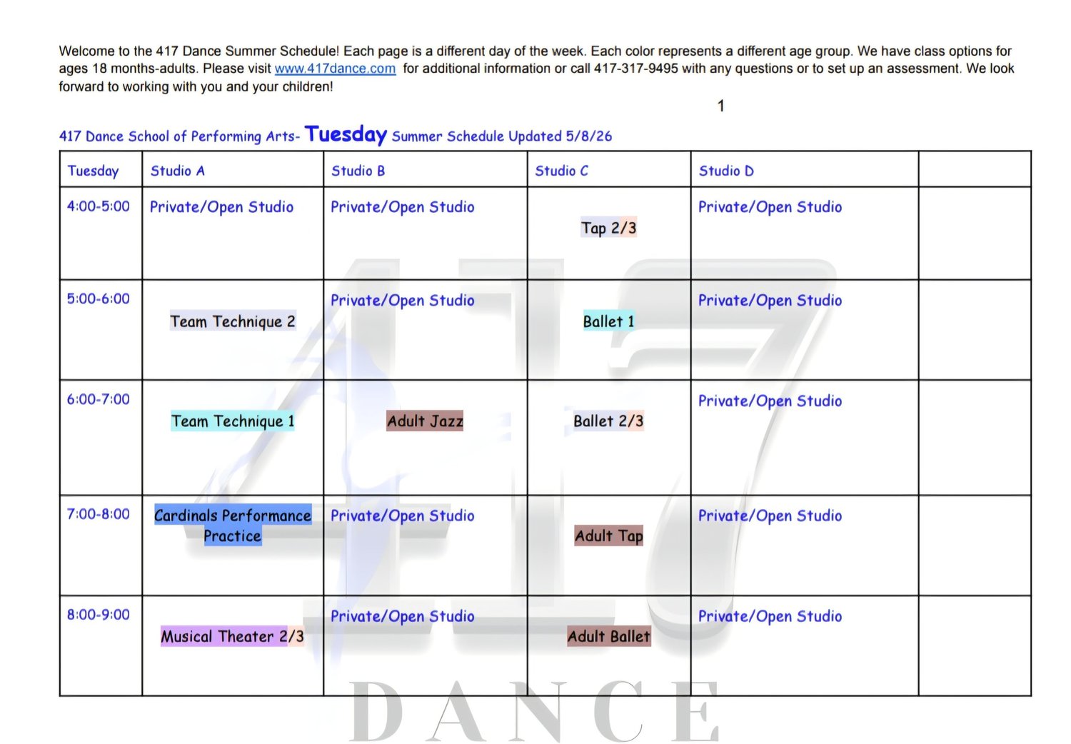 Class Schedule — 417 Dance Springfield, MO