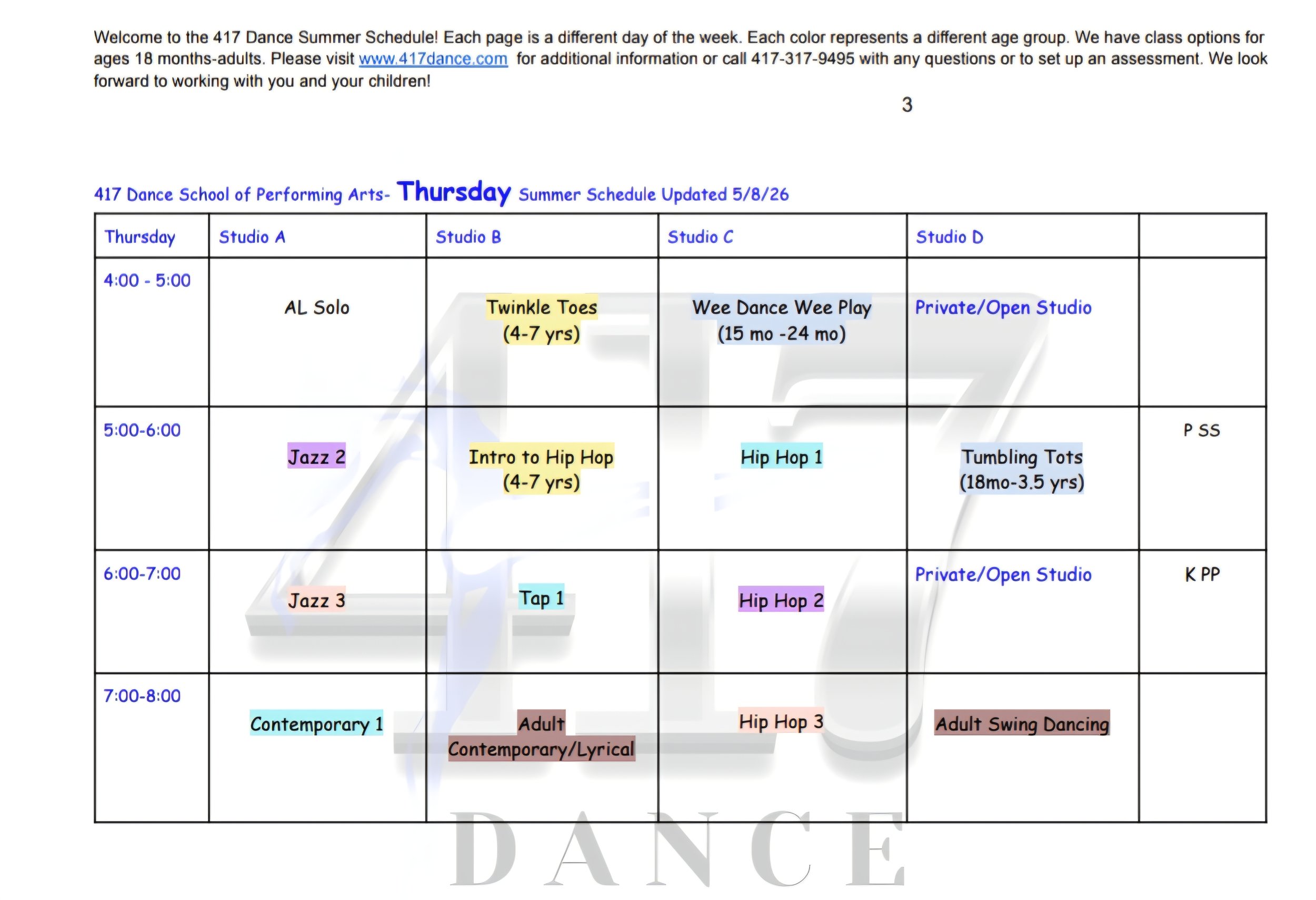 Class Schedule — 417 Dance Springfield, MO