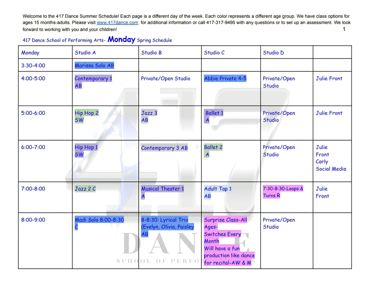 Class Schedule — 417 Dance Springfield, MO