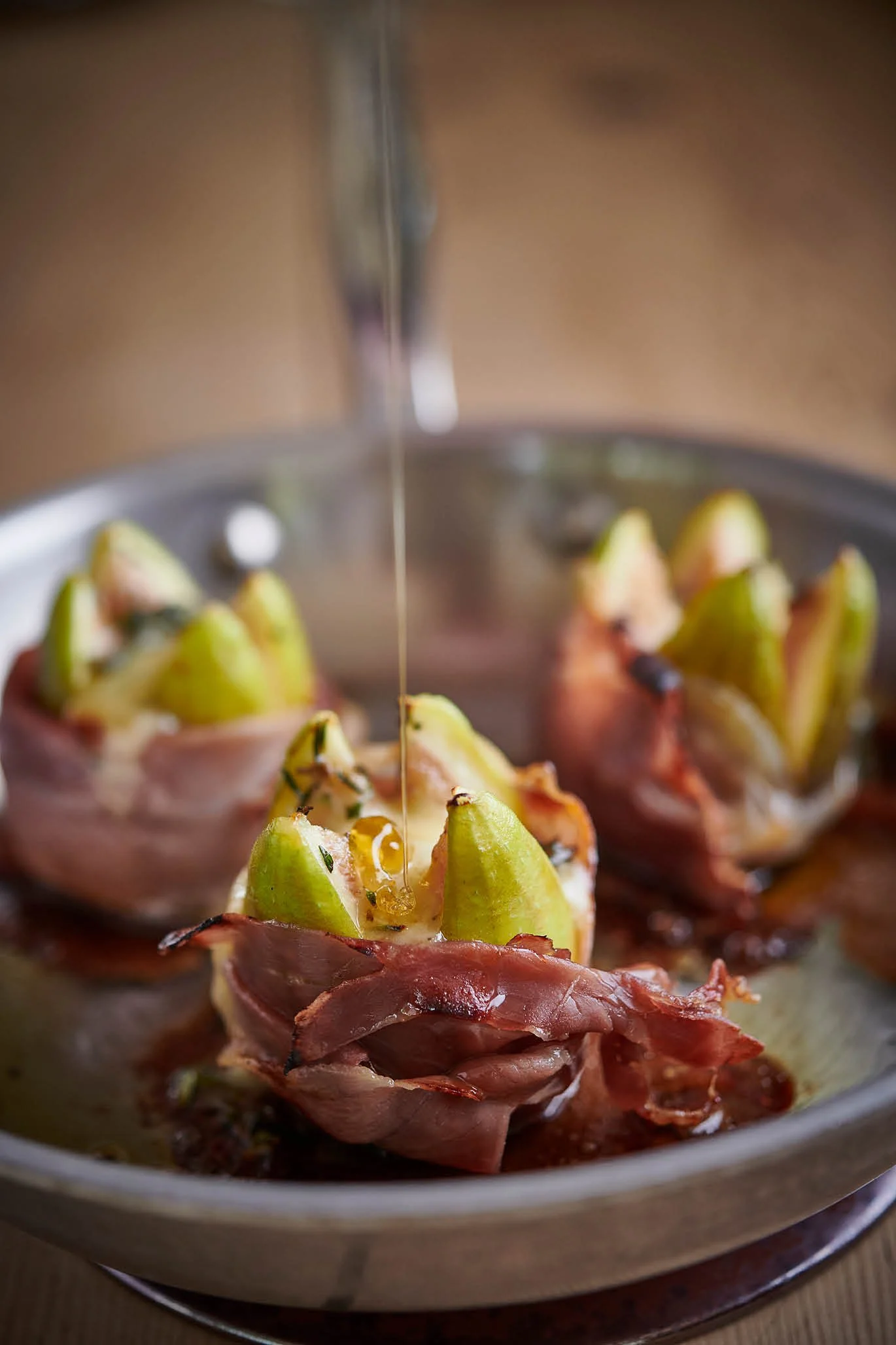 Honey baked figs with air-dried ham, Yorkshire blue cheese and walnuts ...