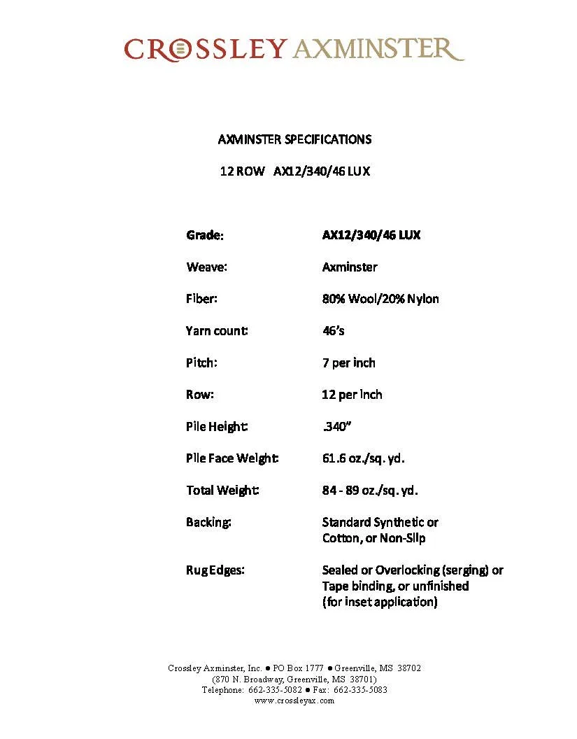 Axminster Product Specifications — Crossley Axminster