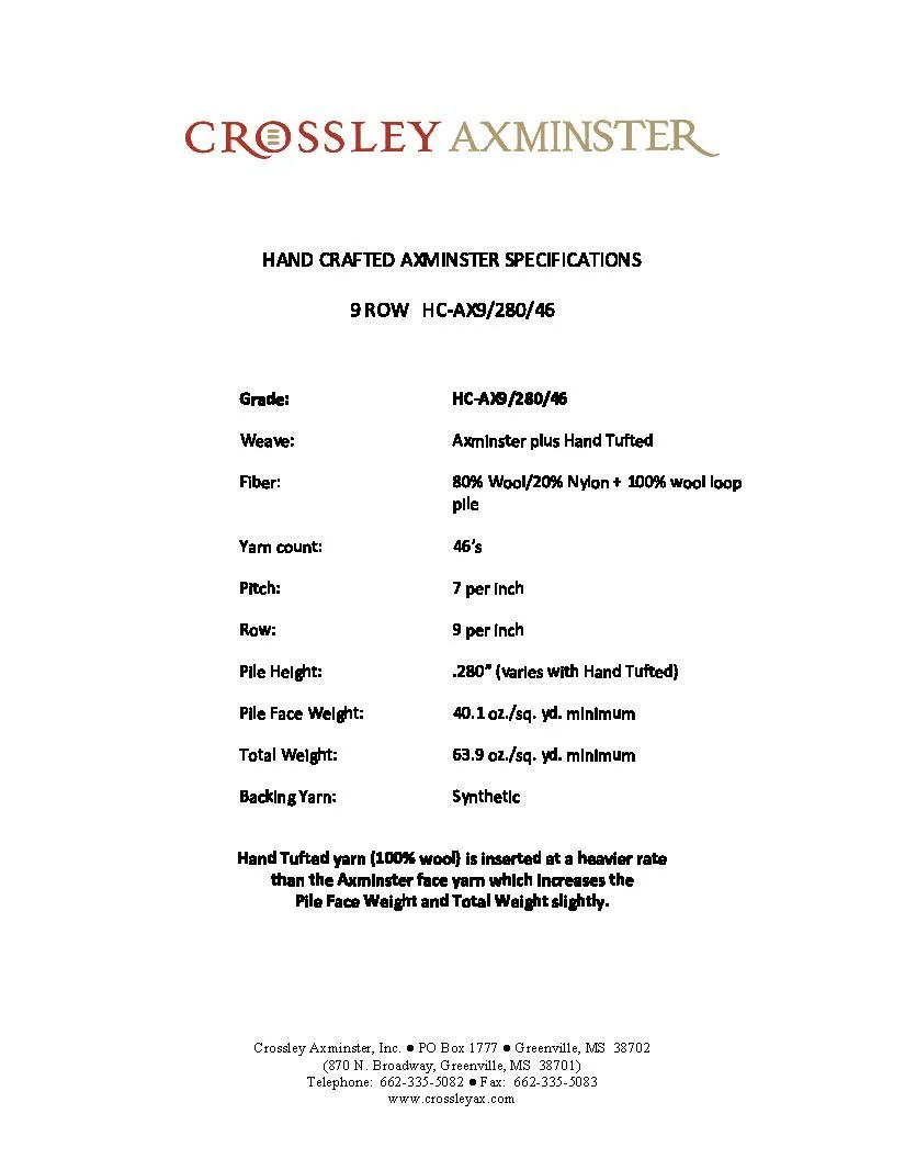 Axminster Product Specifications — Crossley Axminster