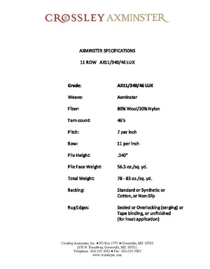 Axminster Product Specifications — Crossley Axminster