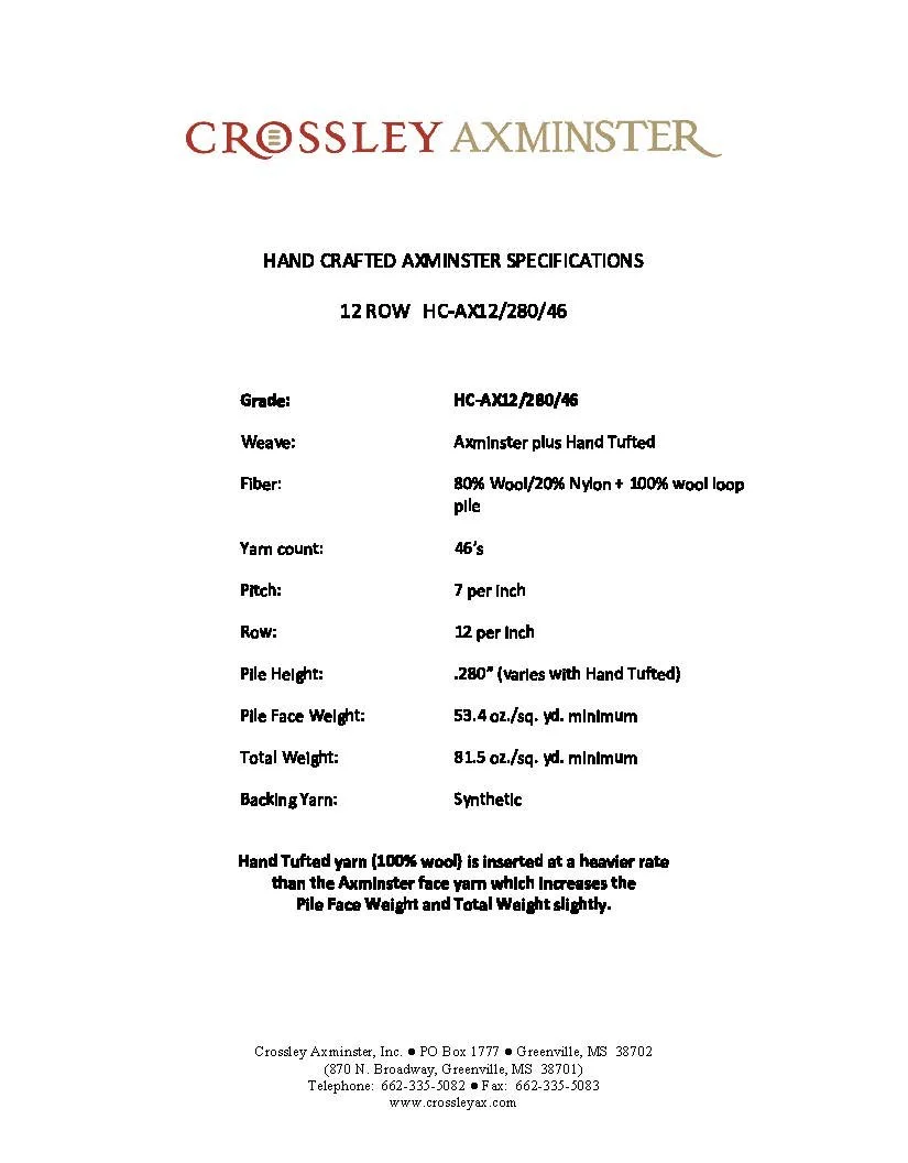 Axminster Product Specifications — Crossley Axminster