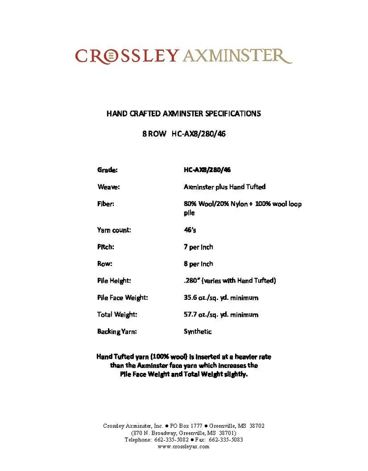 Axminster Product Specifications — Crossley Axminster