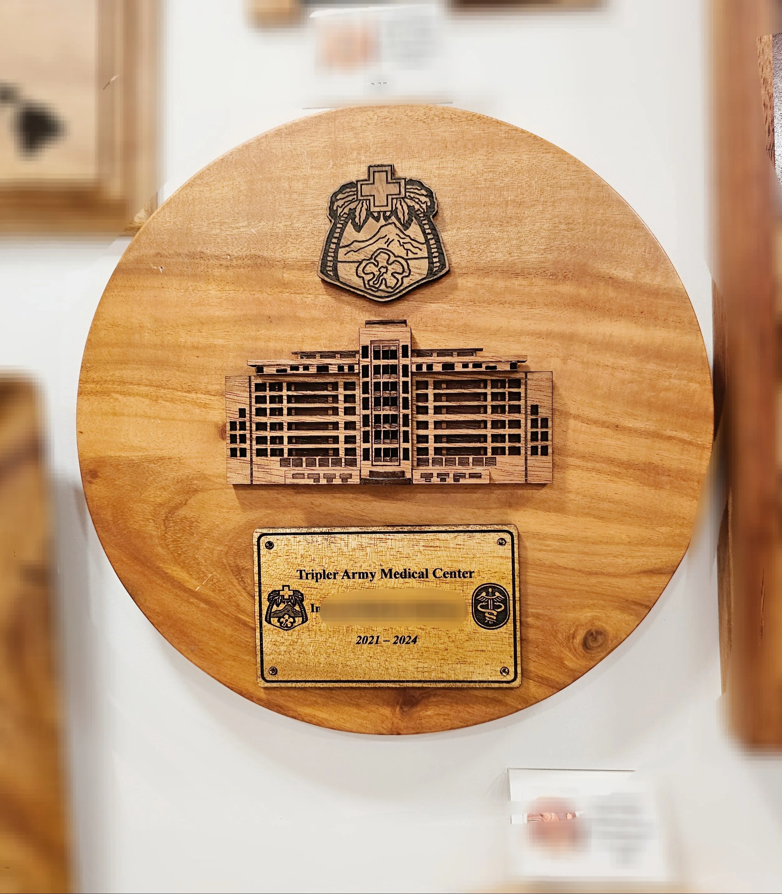 Wood Round Plaque with mini TAMC building, logo, islands, and a wood ...