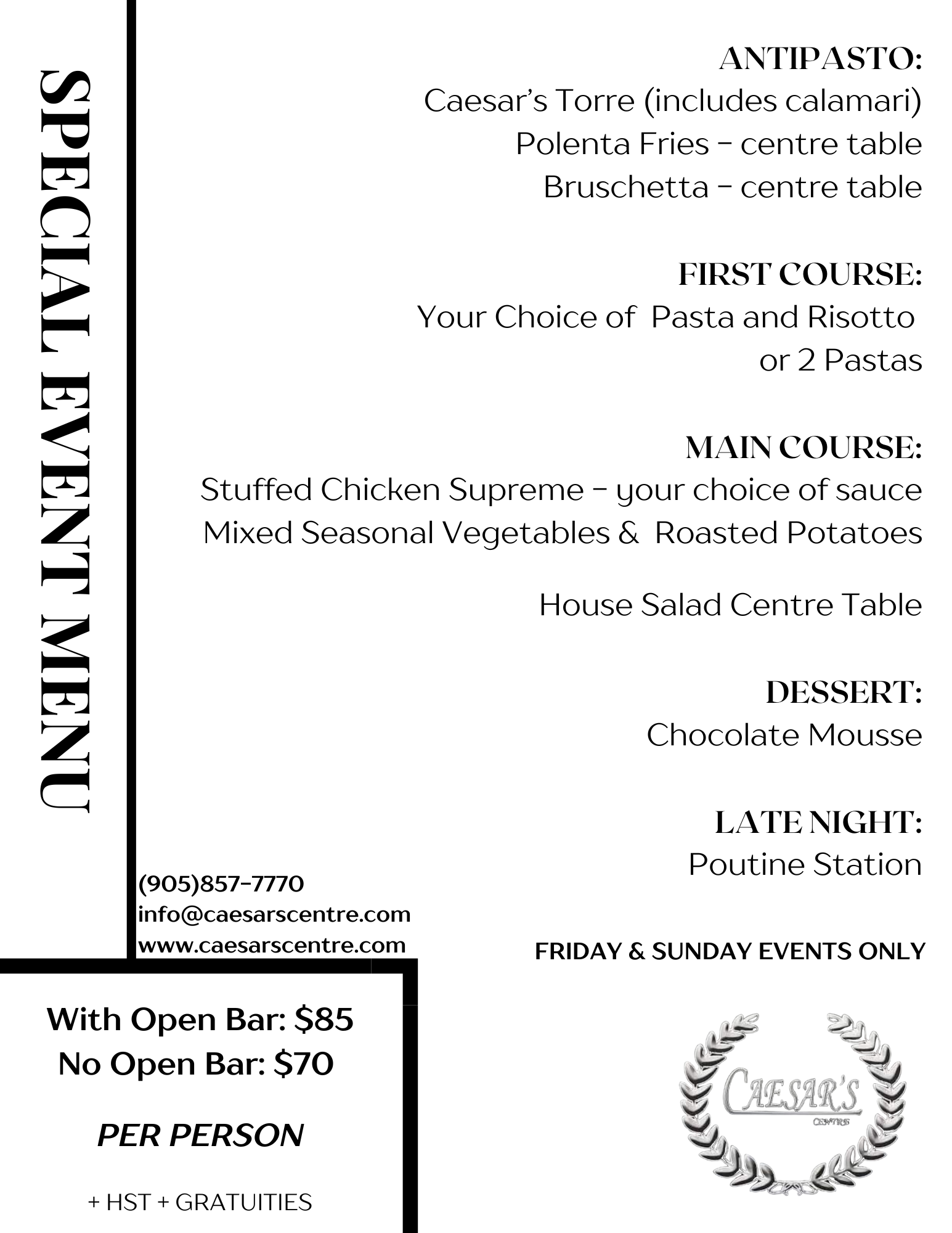 MENU — Caesar's Centre Bolton | Event Venue in Caledon